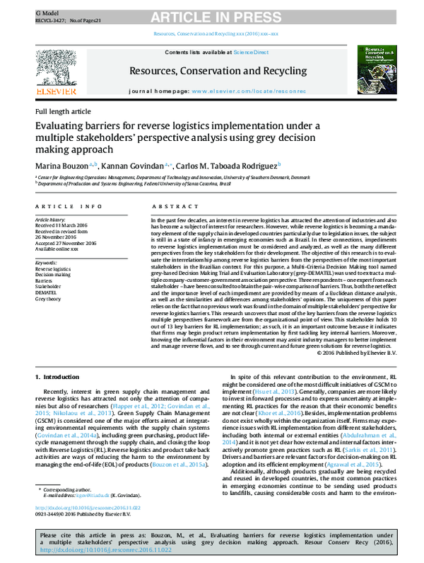 (PDF) Evaluating barriers for reverse logistics implementation under a multiple stakeholders ...