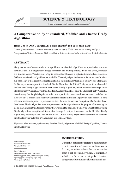 (PDF) SCIENCE & TECHNOLOGY A Comparative Study on Standard, Modified and Chaotic Firefly Algorithms