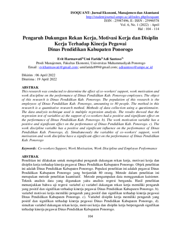 (PDF) Pengaruh Dukungan Rekan Kerja, Motivasi Kerja dan Disiplin Kerja Terhadap Kinerja Pegawai ...