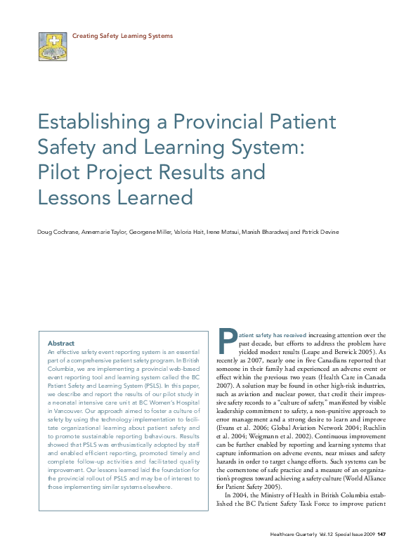 (PDF) Establishing a Provincial Patient Safety and Learning System ...