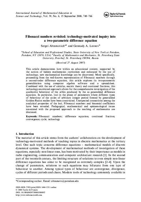 (PDF) Fibonacci numbers revisited: technology-motivated inquiry into a ...