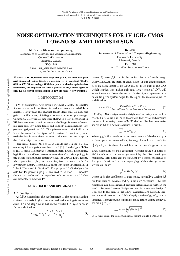 (PDF) Noise Optimization Techniques For 1V 1Ghz Cmos Low-Noise Amplifiers Design | zamin khan ...
