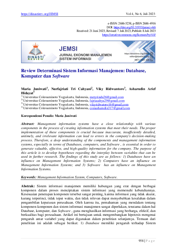 (PDF) Review Determinasi Sistem Informasi Manajemen: Database, Komputer dan Software