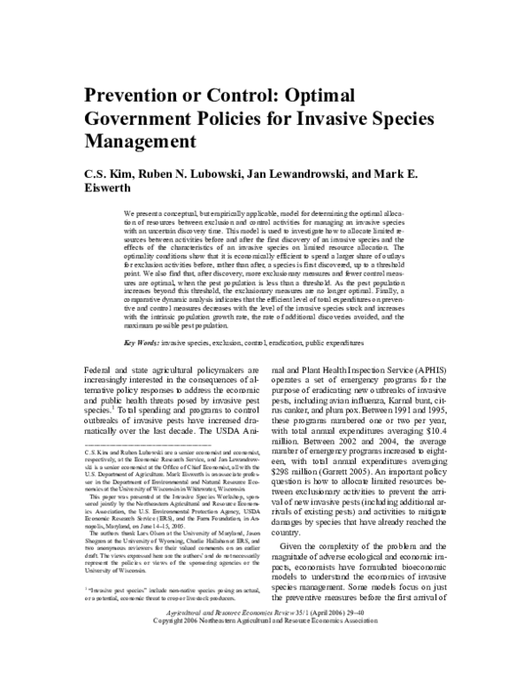 (PDF) Prevention or Control: Optimal Government Policies for Invasive ...