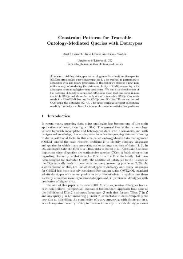 (PDF) Constraint Patterns for Tractable Ontology-Mediated Queries with Datatypes