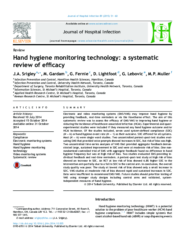(PDF) Hand hygiene monitoring technology: a systematic review of efficacy