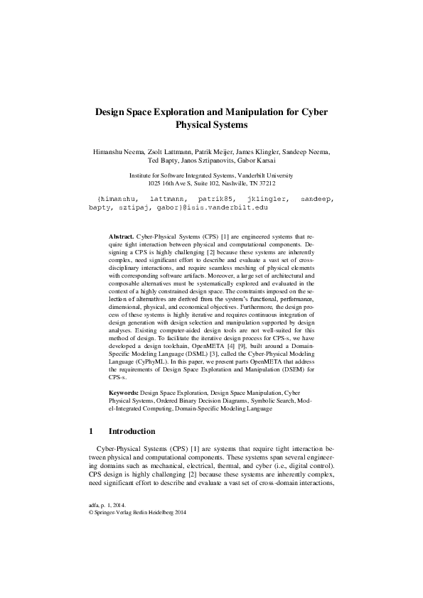 (PDF) Design space exploration and manipulation for cyber physical systems | Janos Sztipanovits ...