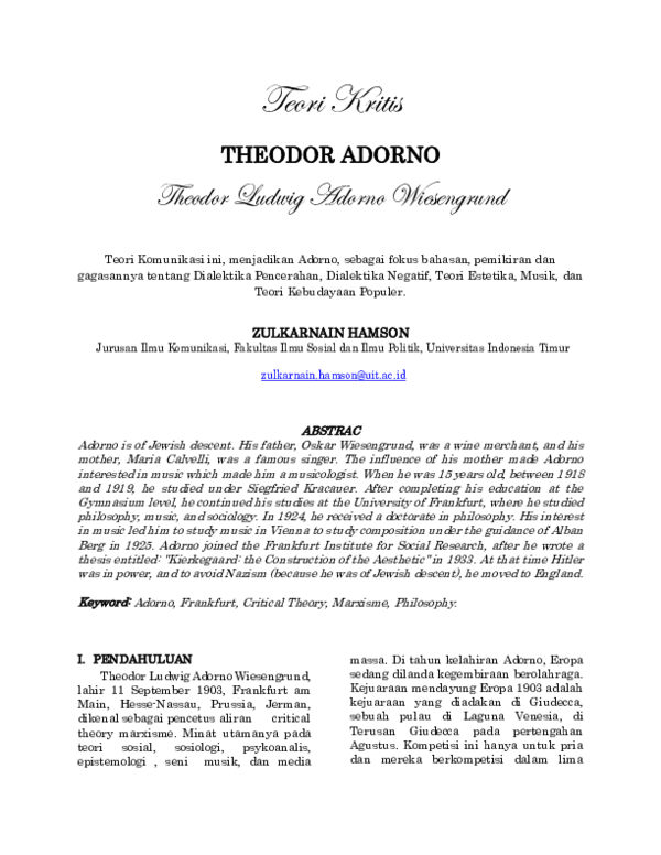 (PDF) Teori Kritis Theodor Adorno