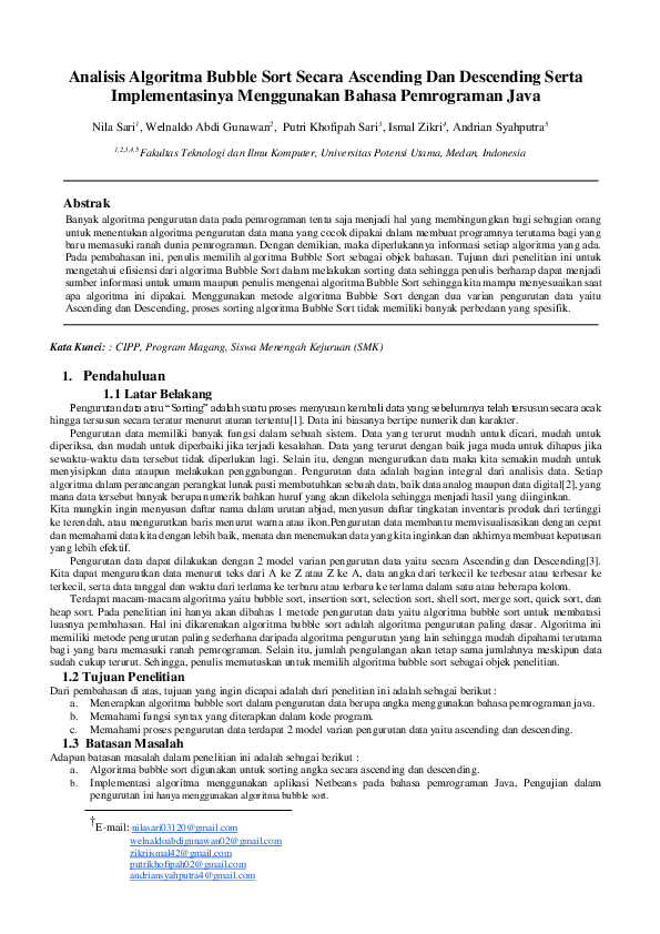 Pdf Analisis Algoritma Bubble Sort Secara Ascending Dan Descending Serta Implementasinya