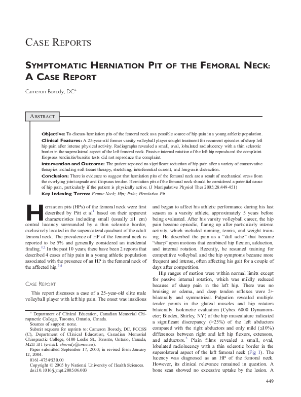 (PDF) Symptomatic Herniation Pit of the Femoral Neck: A Case Report