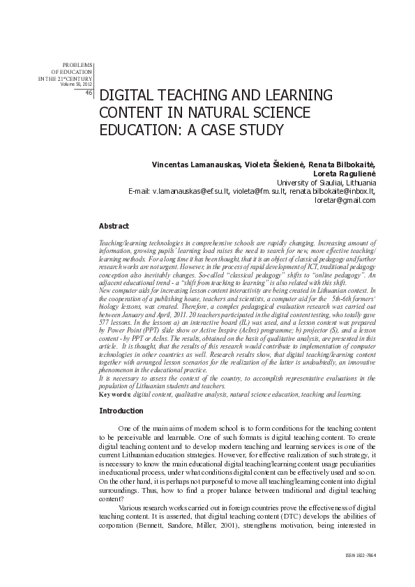 (PDF) Digital Teaching and Learning Content in Natural Science Education: A Case Study | Violeta ...