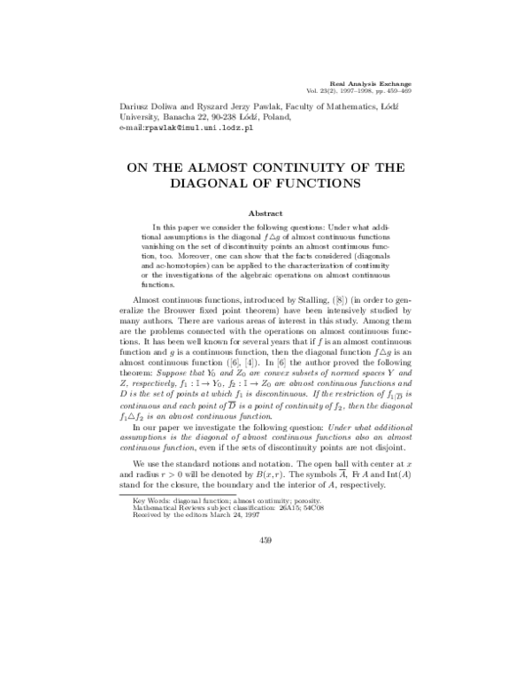 (PDF) On the Almost Continuity of the Diagonal of Functions