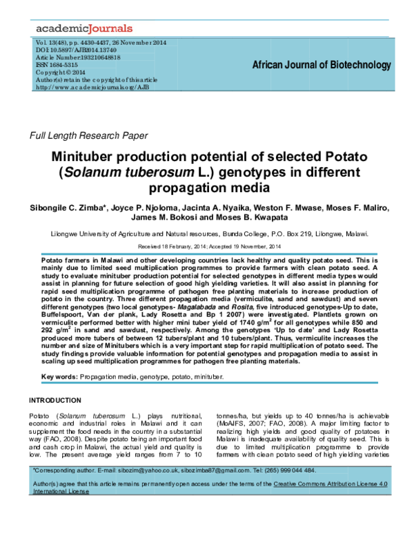 (PDF) Minituber production potential of selected Potato (Solanum ...