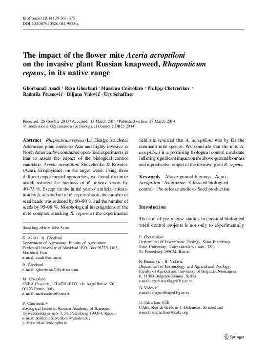 (PDF) The impact of the flower mite Aceria acroptiloni on the invasive ...