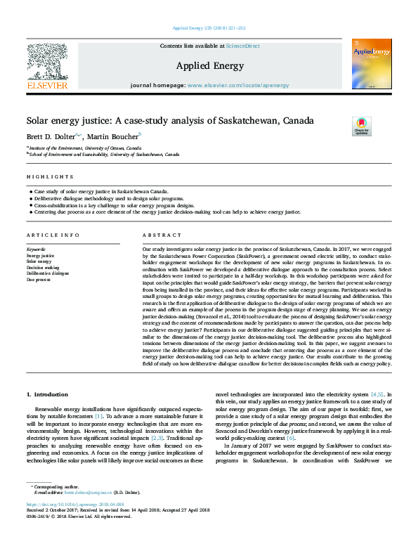 (PDF) Solar energy justice: A case-study analysis of Saskatchewan, Canada