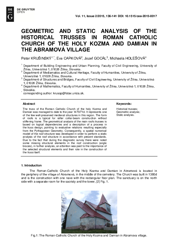 (PDF) Geometric and Static Analysis of the Historical Trusses in Roman Catholic Church of the ...