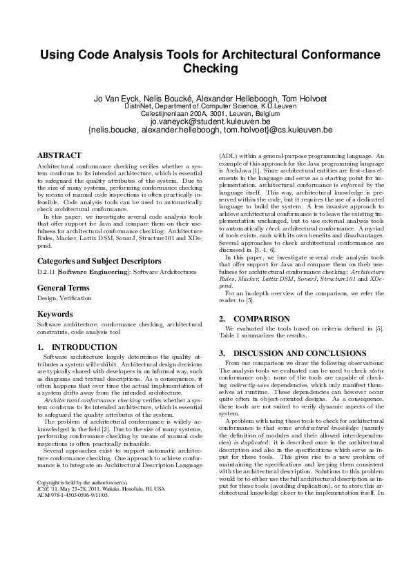 Pdf Using Code Analysis Tools For Architectural Conformance Checking 
