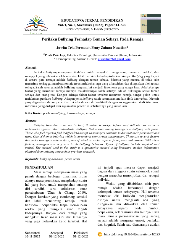 (PDF) Perilaku Bullying Terhadap Teman Sebaya Pada Remaja