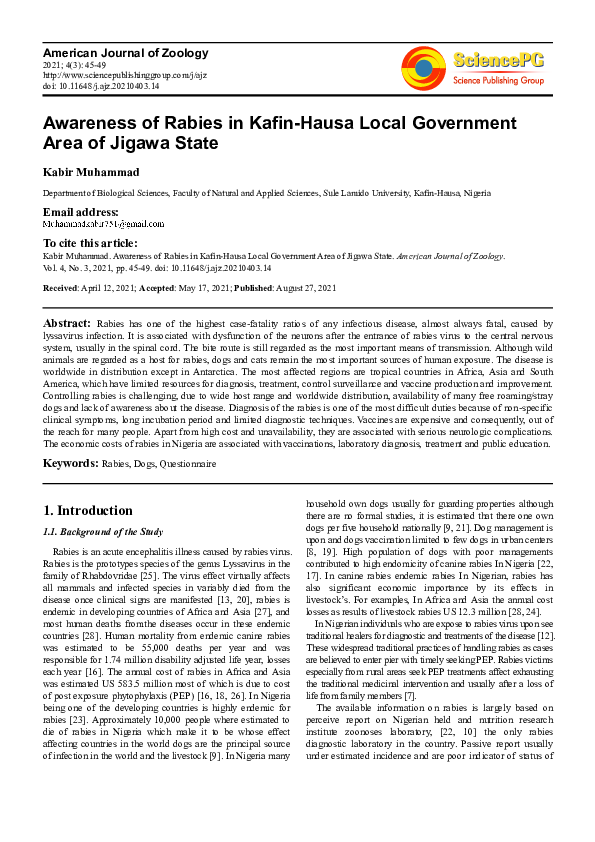 (PDF) Awareness of Rabies in Kafin-Hausa Local Government Area of ...