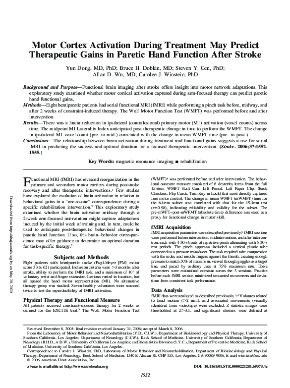 (PDF) Motor Cortex Activation During Treatment May Predict Therapeutic ...