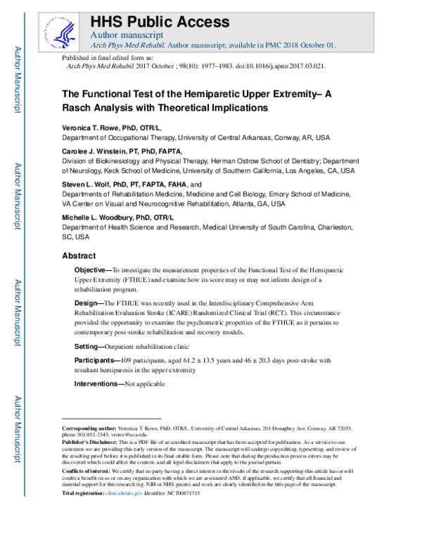 (PDF) Functional Test of the Hemiparetic Upper Extremity: A Rasch ...