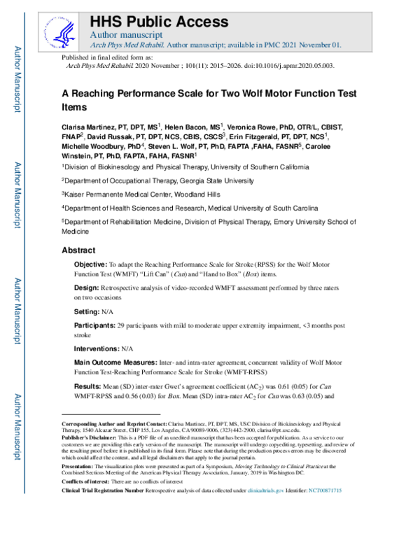 (PDF) A Reaching Performance Scale for 2 Wolf Motor Function Test Items