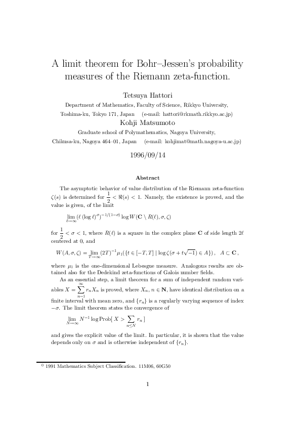 (PDF) A limit theorem for Bohr-Jessen's probability measures of the Riemann zeta-function