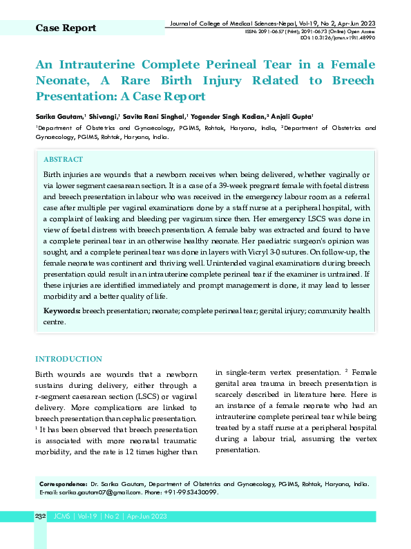 (PDF) An Intrauterine Complete Perineal Tear in a Female Neonate, A Rare Birth Injury Related to ...
