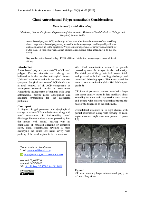 (PDF) Giant Antrochoanal Polyp: Anaesthetic Considerations