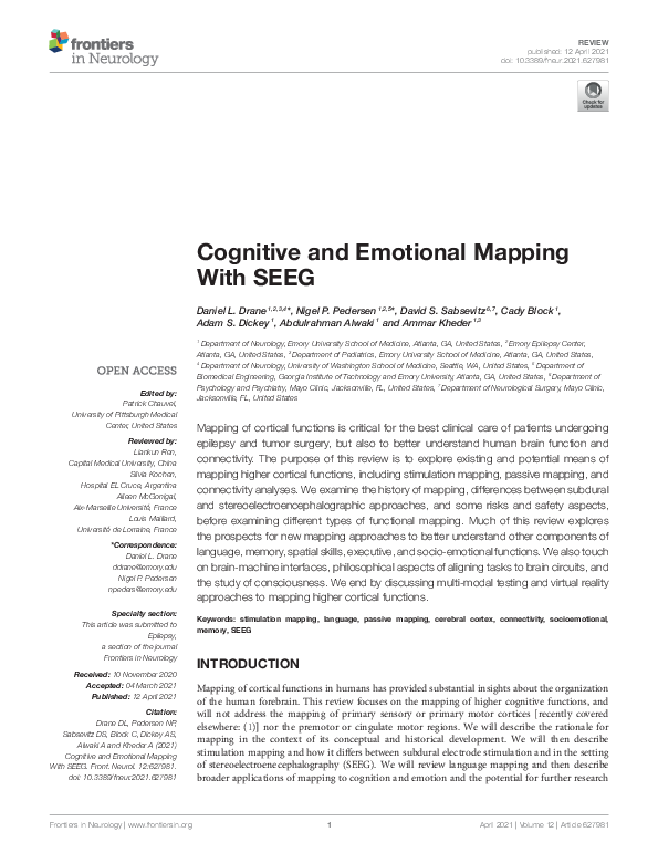 (PDF) Cognitive and Emotional Mapping With SEEG
