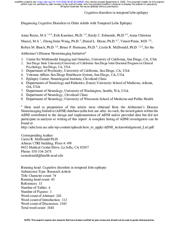 (PDF) Cognitive Disorders in Elderly with TLE