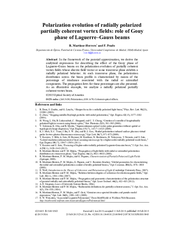 (PDF) Polarization evolution of radially polarized partially coherent ...