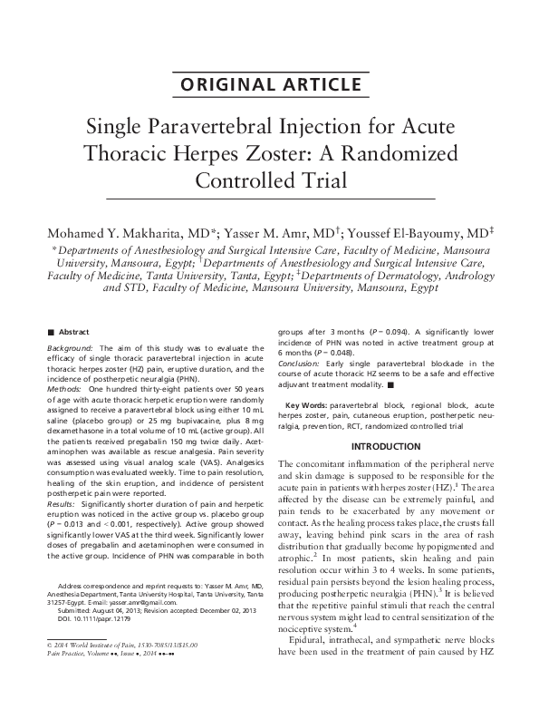 (PDF) Single Paravertebral Injection for Acute Thoracic Herpes Zoster ...
