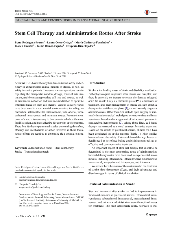 (PDF) Stem Cell Therapy and Administration Routes After Stroke