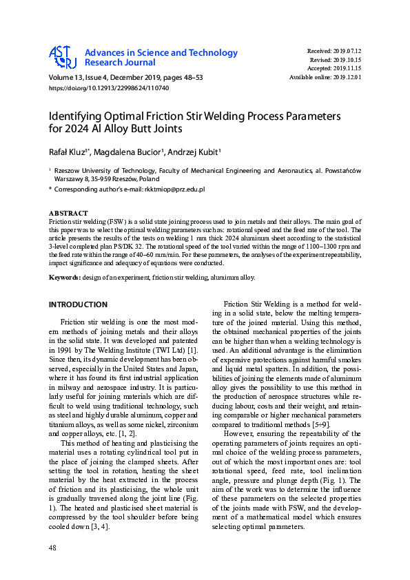 (PDF) Identifying Optimal Friction Stir Welding Process Parameters for 2024 Al Alloy Butt Joints