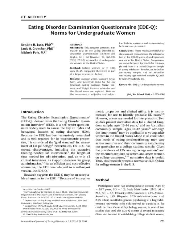 (PDF) Eating Disorder Examination Questionnaire (EDE-Q): Norms for ...