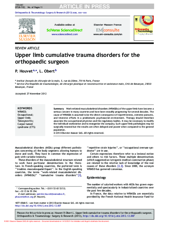 (PDF) Upper limb cumulative trauma disorders for the orthopaedic surgeon