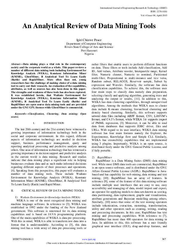 (PDF) An Analytical Review of Data Mining Tools