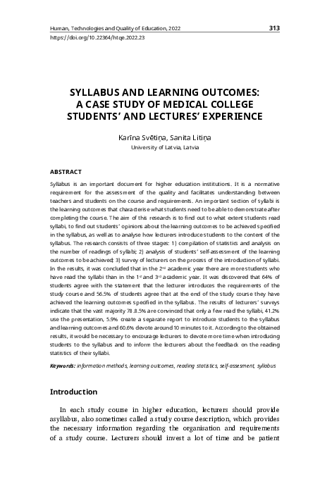 (PDF) Syllabus and Learning Outcomes: A Case Study of Medical College Students’ And Lectures ...
