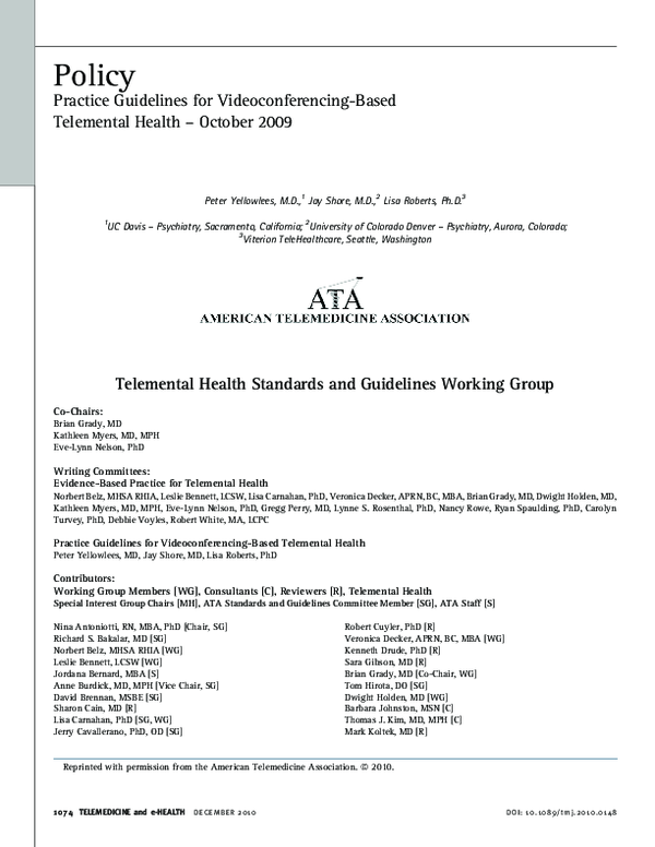 (PDF) Practice Guidelines for Videoconferencing-Based Telemental Health ...