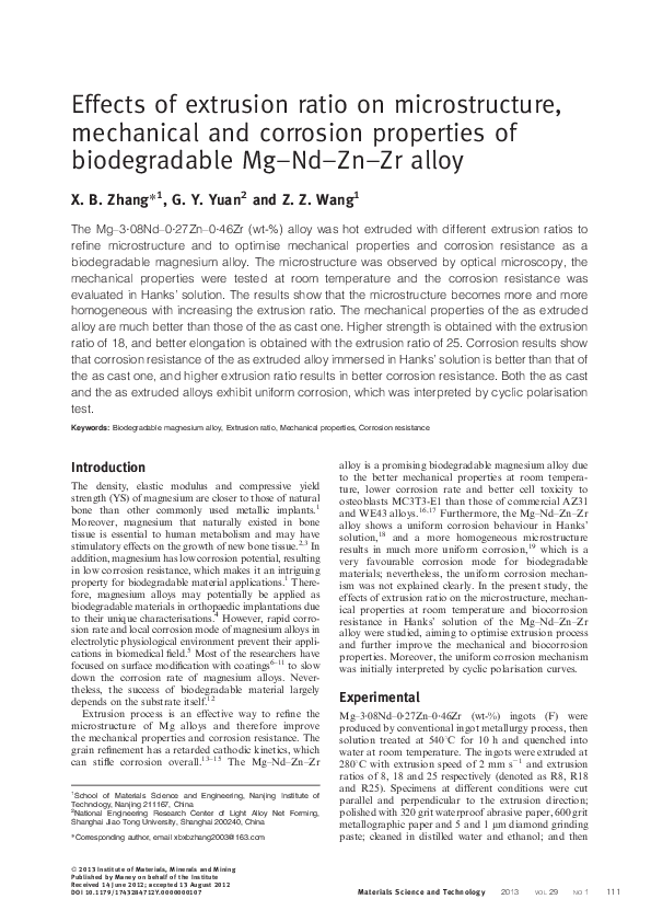 (PDF) Effects of extrusion ratio on microstructure, mechanical and corrosion properties of ...