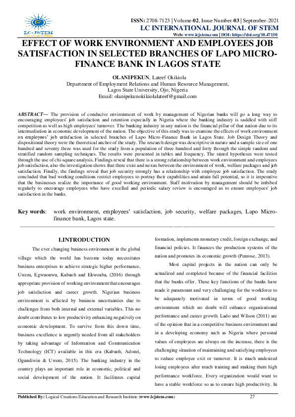 (PDF) Effect of Work Environment and Employees Job Satisfaction in ...