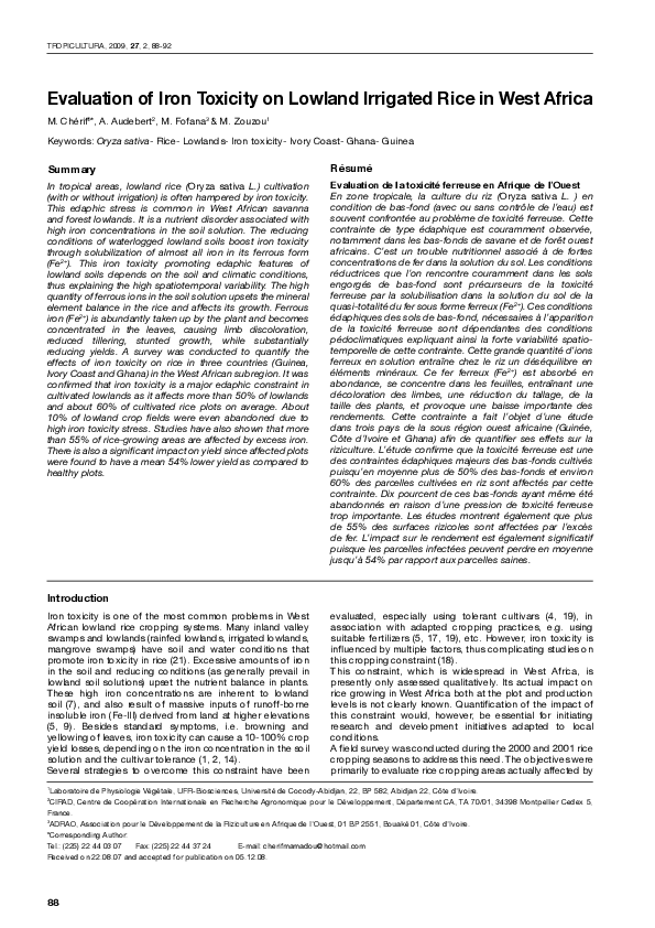 (PDF) Evaluation of iron toxicity on lowland irrigated rice in West-Africa