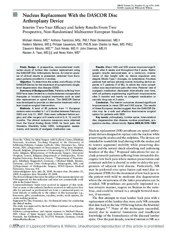 (PDF) Nucleus Replacement With the DASCOR Disc Arthroplasty Device ...