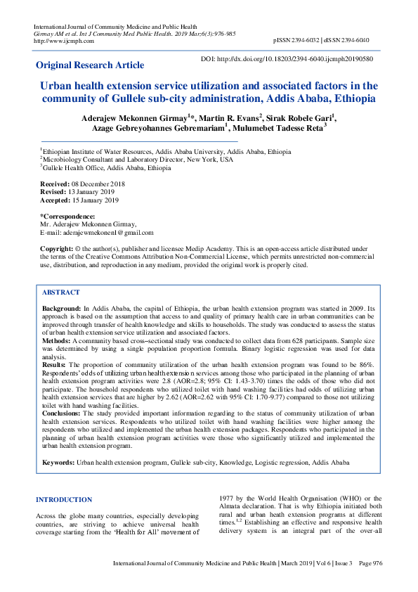 (PDF) Urban health extension service utilization and associated factors ...