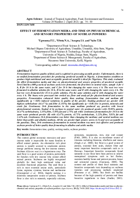 (PDF) Effect of fermentation media and time on physicochemical and sensory properties of soybean ...