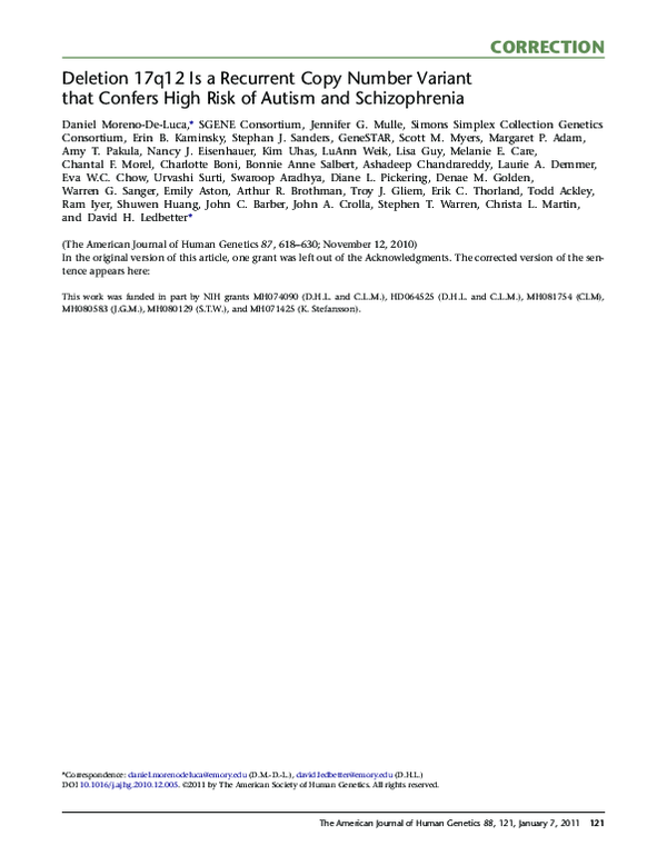 (PDF) Deletion 17q12 Is a Recurrent Copy Number Variant that Confers High Risk of Autism and ...