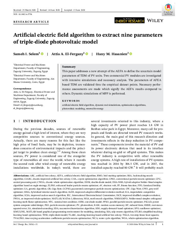 (PDF) Artificial electric field algorithm to extract nine parameters of triple‐diode ...
