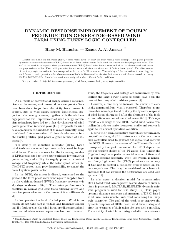 (PDF) Dynamic response improvement of doubly fed induction generator-based wind farm using fuzzy ...