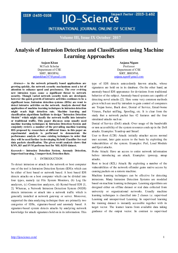 Pdf Analysis Of Intrusion Detection And Classification Using Machine Learning Approaches